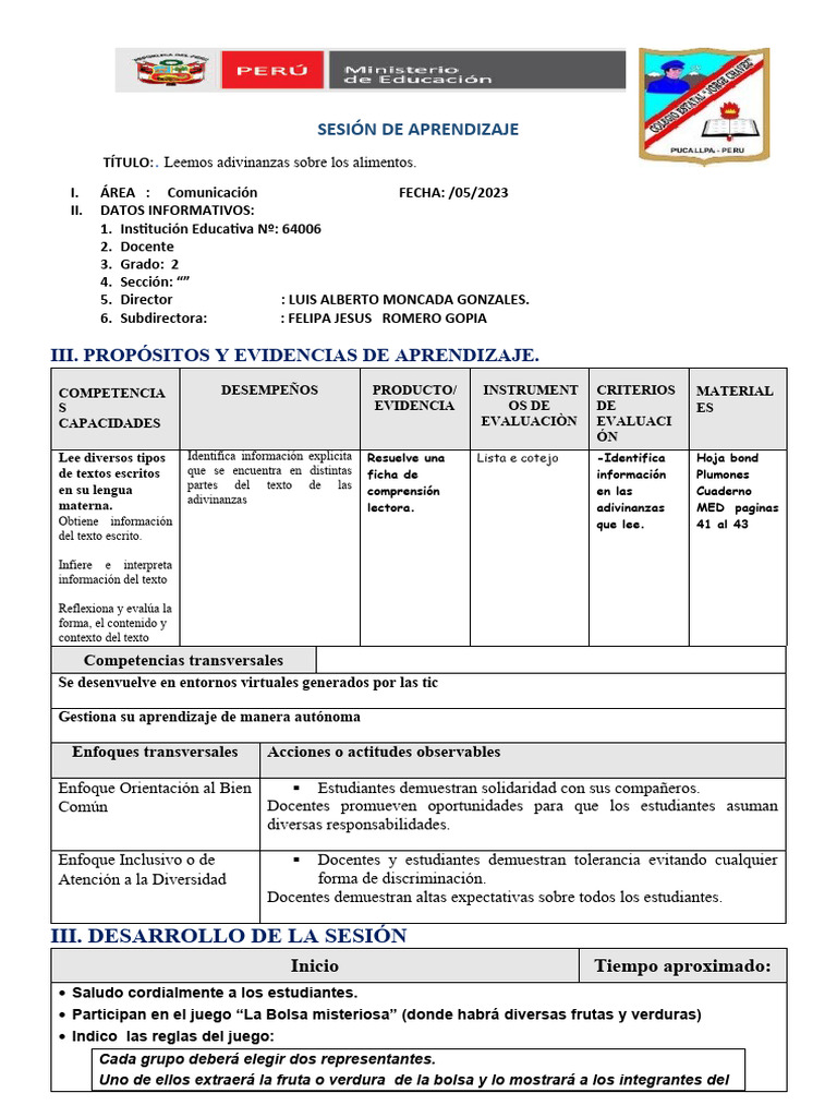 Sesion, Com. Leemos Adivinanzas | PDF | Evaluación | Aprendizaje