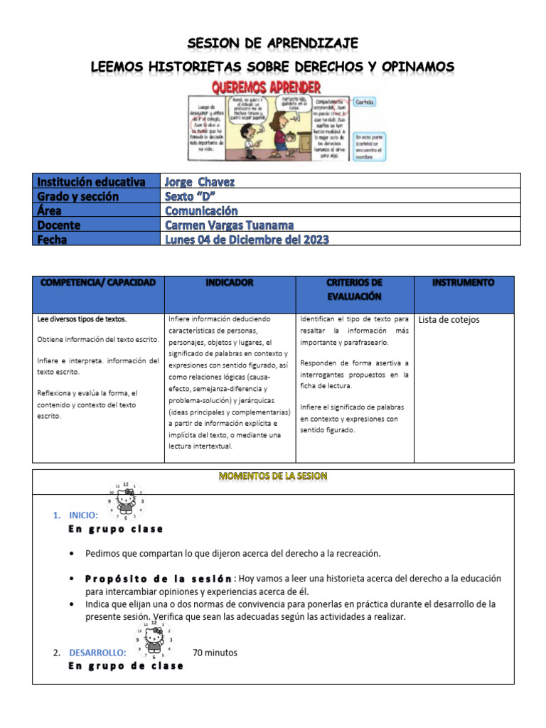 Sesion Leemos Historietas de Los Derechos | PDF | Comunicación