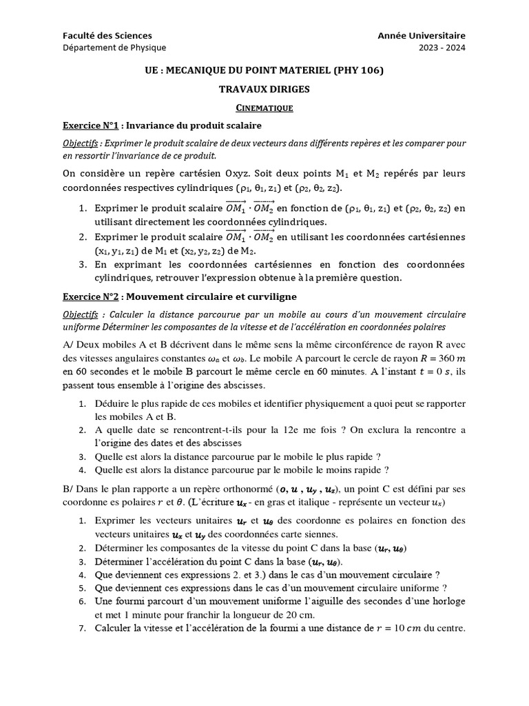 TD_PHY106_Cinématique | PDF