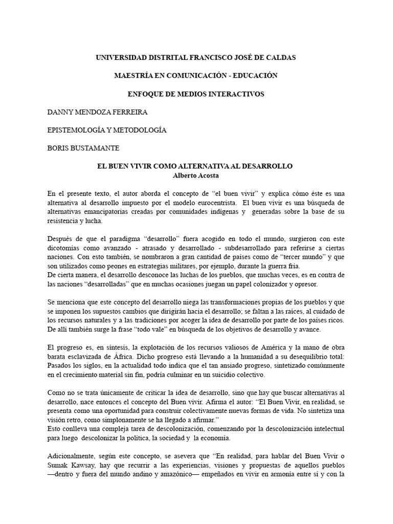 Reseña: EL BUEN VIVIR COMO ALTERNATIVA AL DESARROLLO Alberto Acosta | PDF