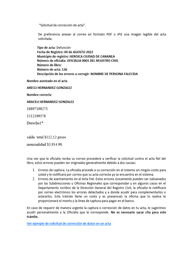 Solicitud de Corrección de Acta | PDF