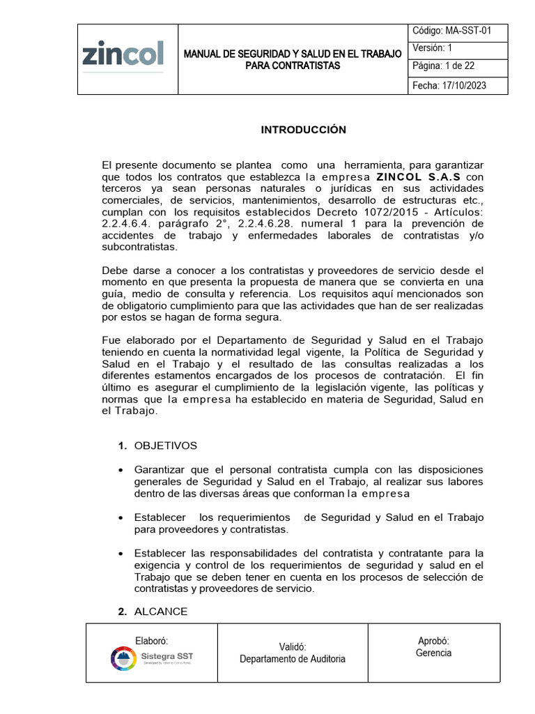 MA - SST-01 Manual SST para Contratistas | PDF | Derecho laboral | Riesgo