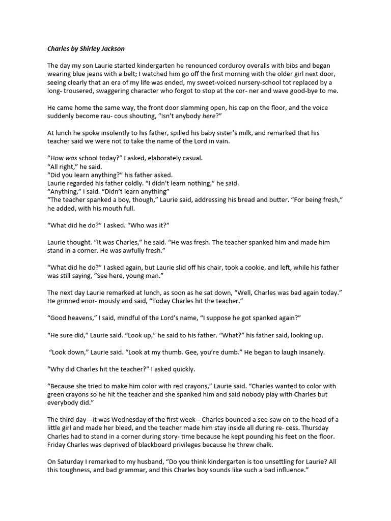 Understanding "Charles" by Shirley Jackson | PDF | Language Arts ...