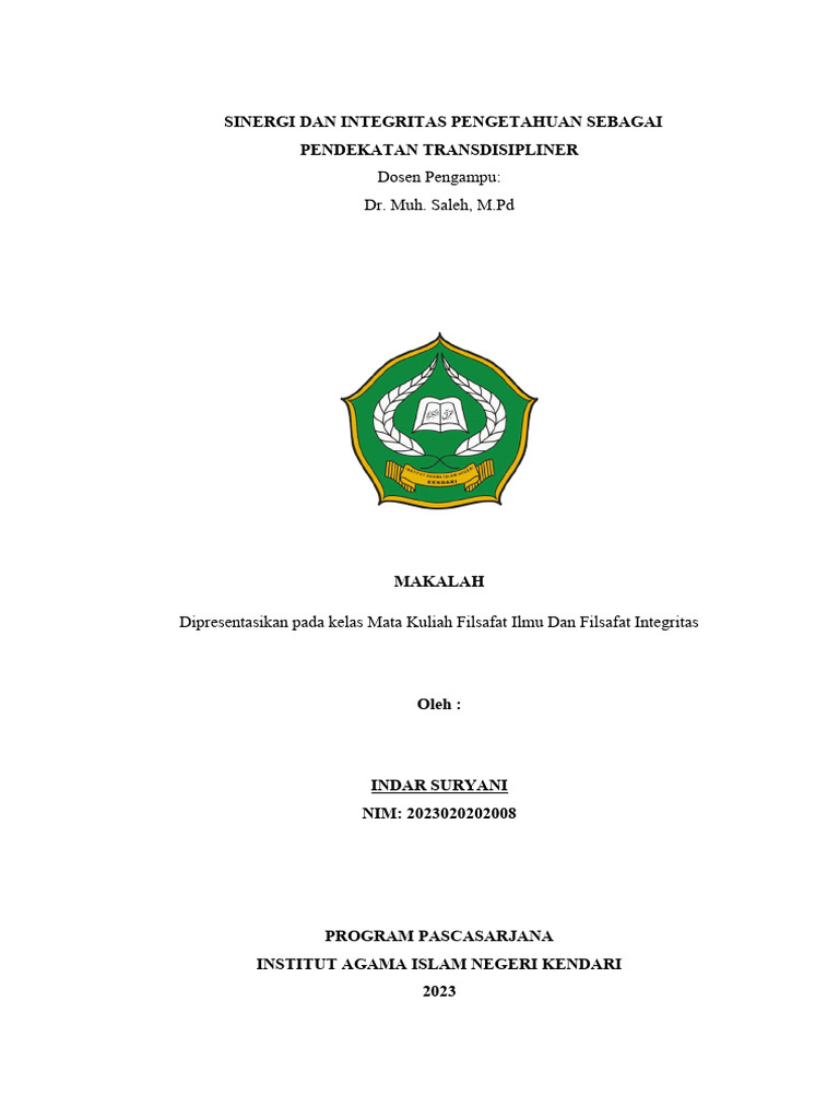 Makalah Sinergi Dan Integritas Pengetahuan Sebagai Pendekatan ... Makalah Sinergi Dan Integritas Pengetahuan Sebagai Pendekatan ...