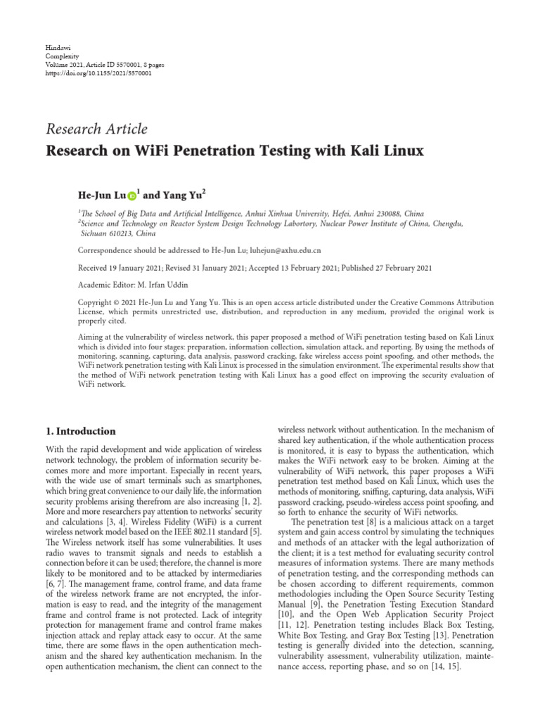 Research On WiFi Penetration Testing With Kali Lin | PDF