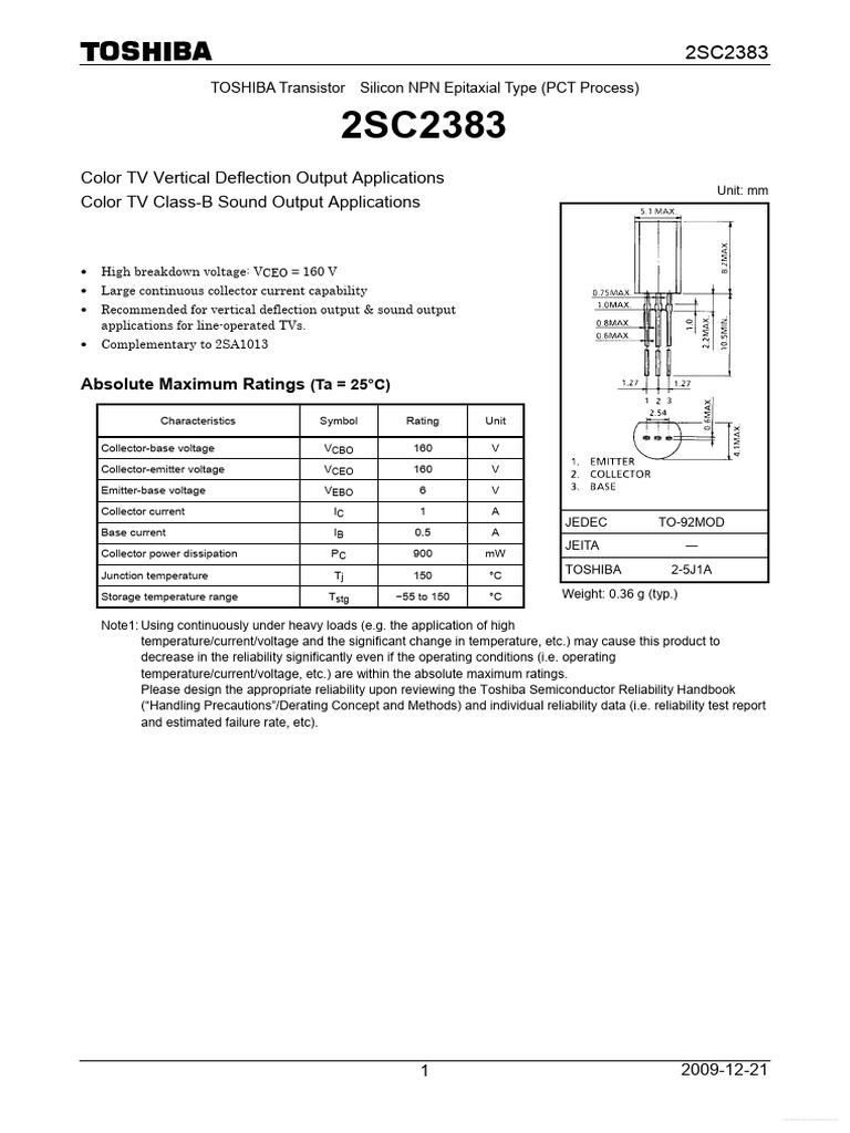 C2383 ToshibaSemiconductor | PDF | Bipolar Junction Transistor | Reliability Engineering