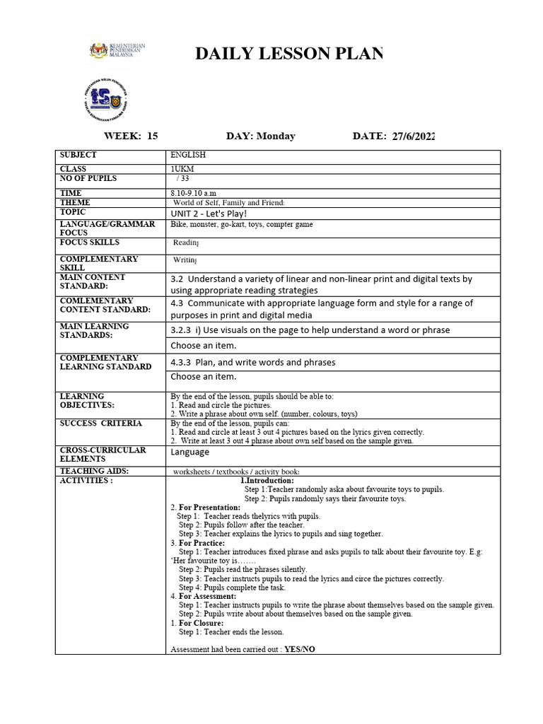 Lesson Plan Year 1 (Week 15) | PDF