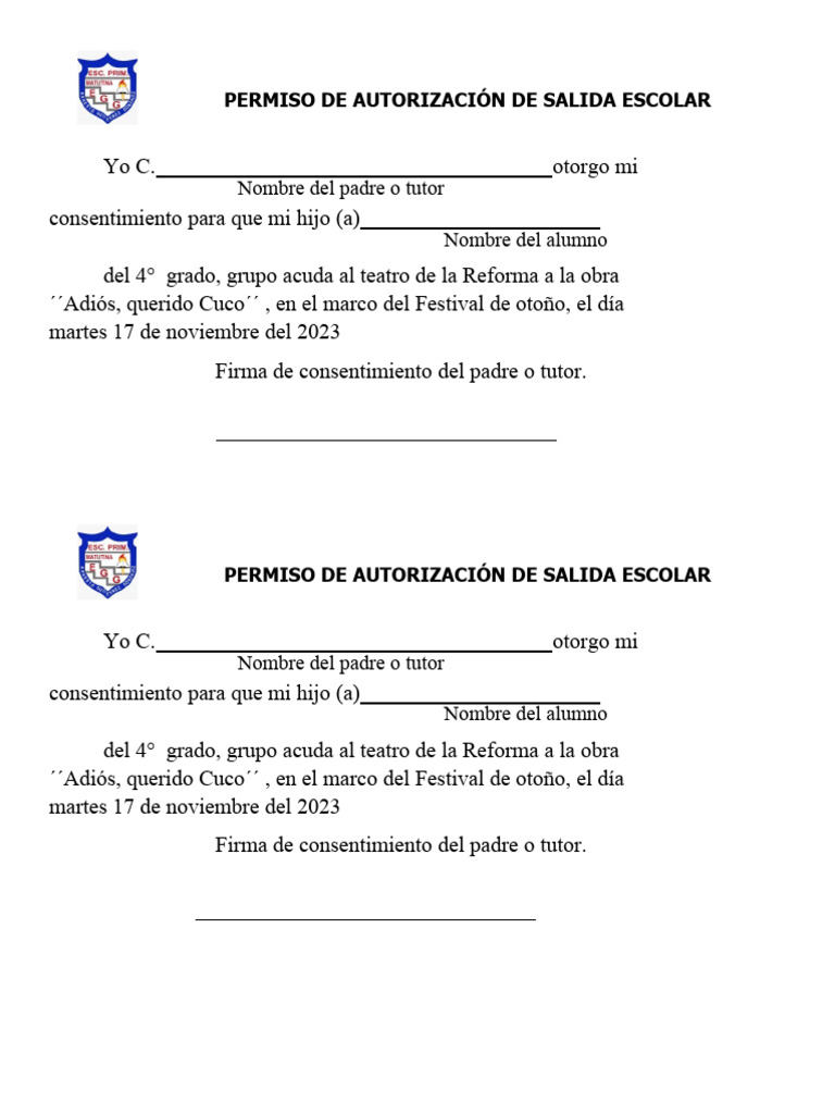 Permiso de Autorización de Salida Escolar | PDF