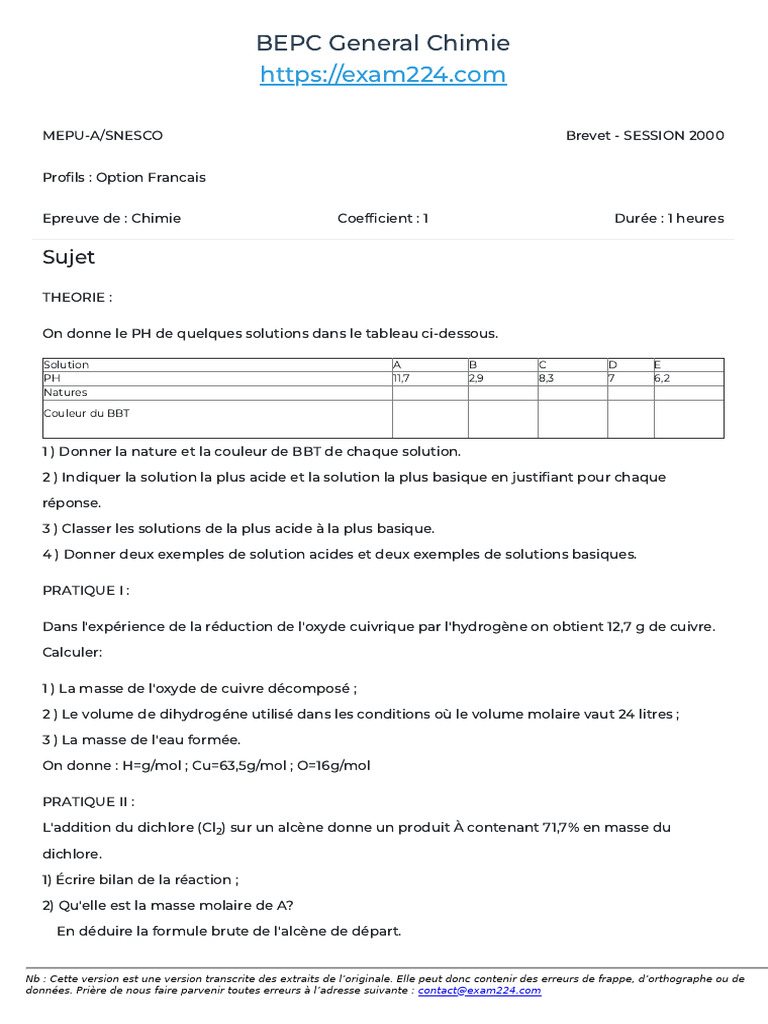 Exam224 Bepc General Chimie 2000 | PDF | Sciences et mathématiques