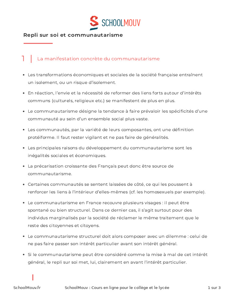Repli Sur Soi Et Communautarisme - Fiche de Revision | PDF