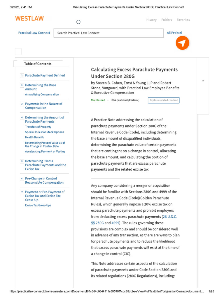 Calculating Excess Parachute Payments Under Section 280G - Practical ...