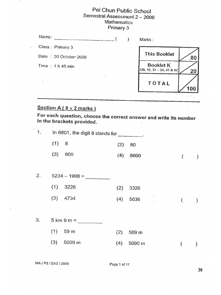P3 Maths SA2 2006 Pei Chun | PDF