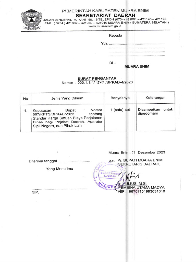 Kpts Bupati M.Enim TTG Standar Harga Sat by PerDin PJBT Daerah, ASN ...