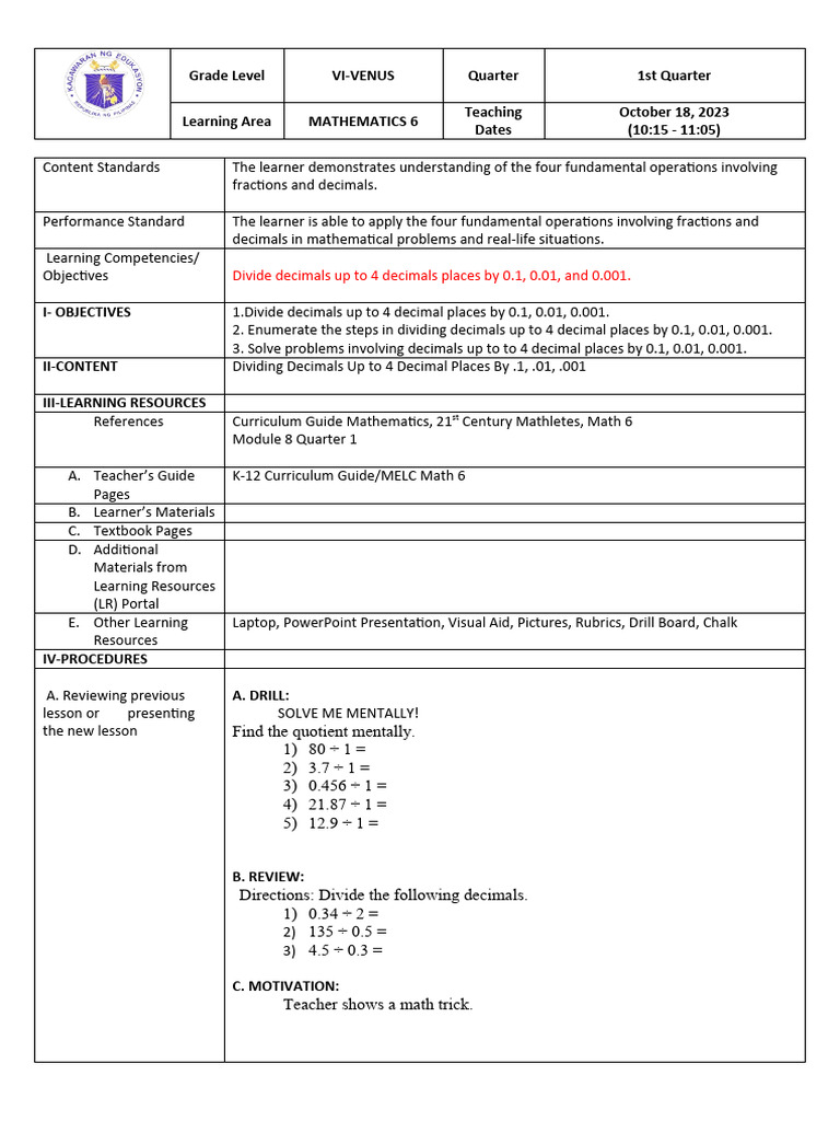 Cot-Math 6 Q-1 Lesson Plan | PDF