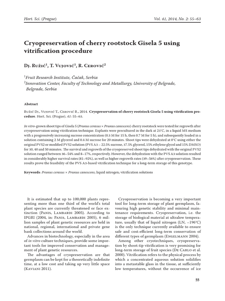 Cryopreservation of cherry rootstock Gisela 5 using vitrification ...