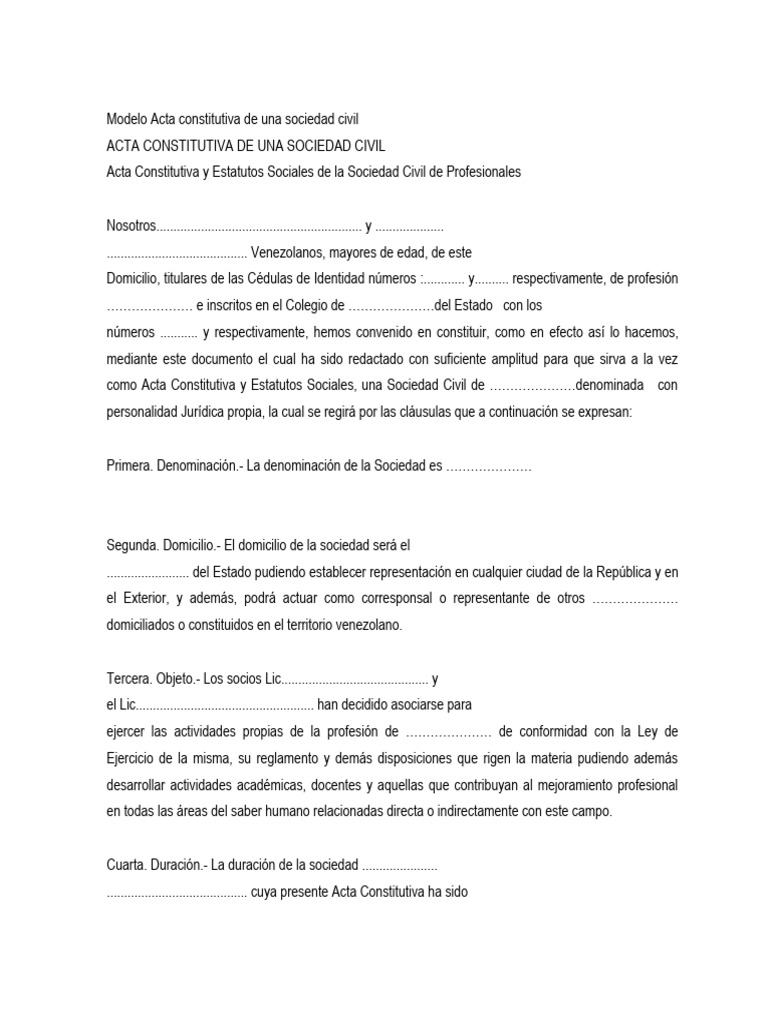 Modelo Acta Constitutiva de Una Sociedad Civil | PDF