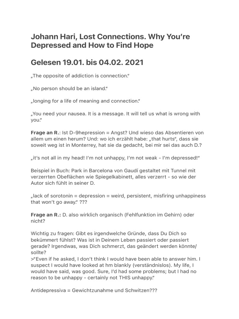 Johann Hari, Lost Connections. Why You're Depressed and How To Find | PDF | Grief | Major ...
