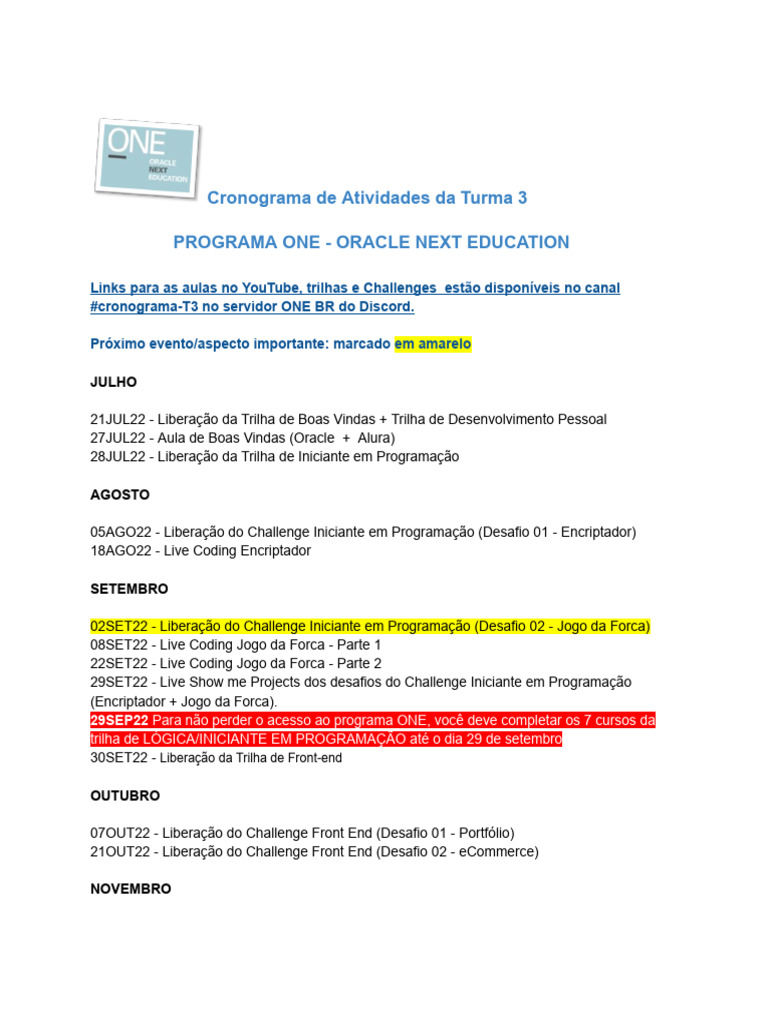 Cronograma de Atividades Da Turma 3 - Programa ONE | PDF