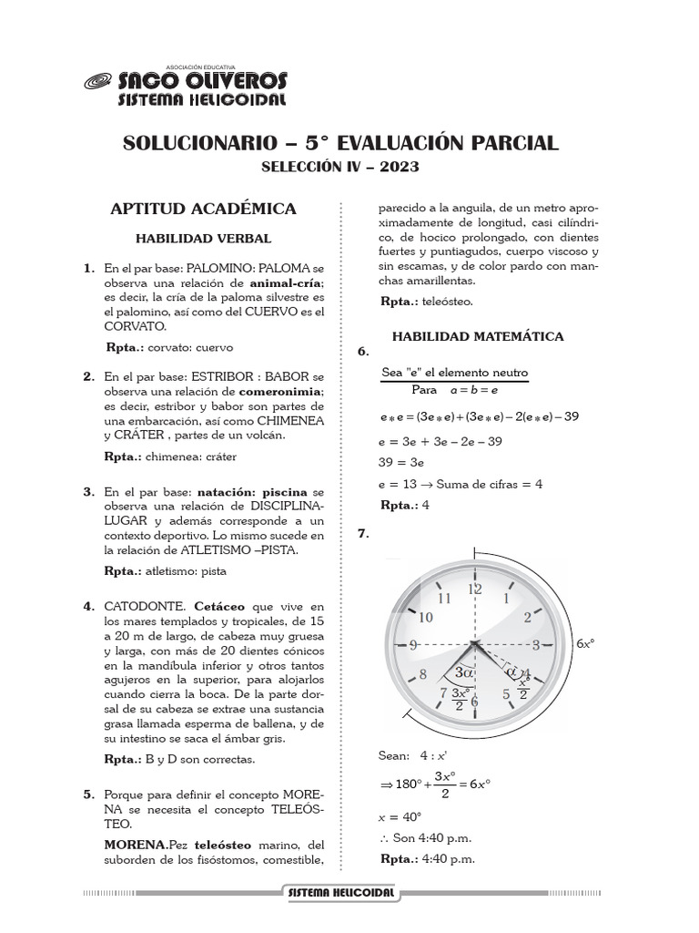 Solucionario 5° Evaluación Parcial Selección 4 | PDF