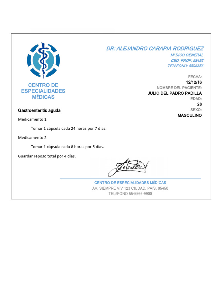 Receta médica para gastroenteritis aguda | PDF