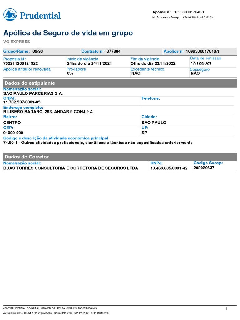 2021 11 24 - Apólice Prudential - Seguro de Vida | PDF
