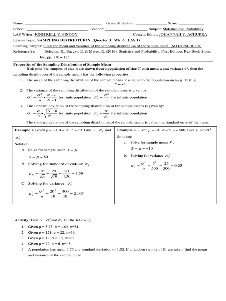Statistics and Probability Week 6. LAS 1 | PDF | Standard Deviation ...