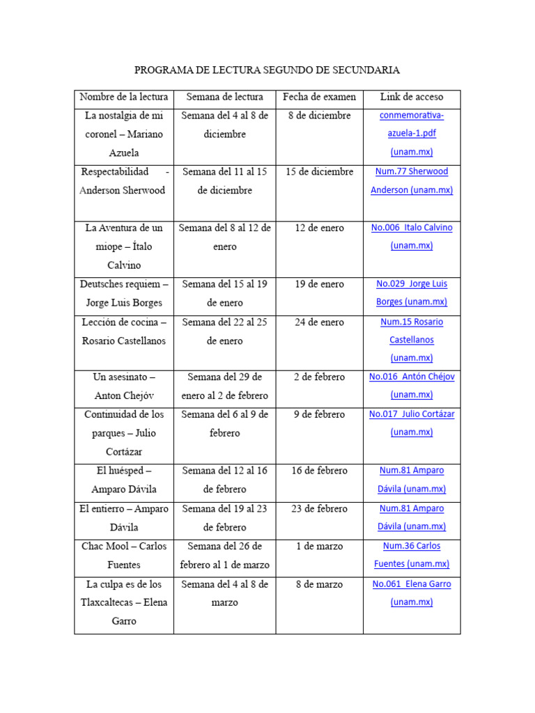 Programa de Lecturas Segundo | PDF