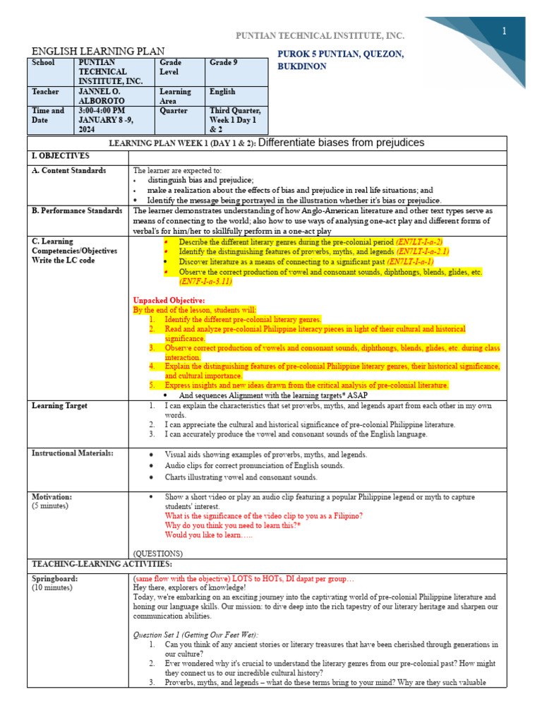 Englisl Grade 9 Week 1 Learning Plan | PDF | Stress (Linguistics ...