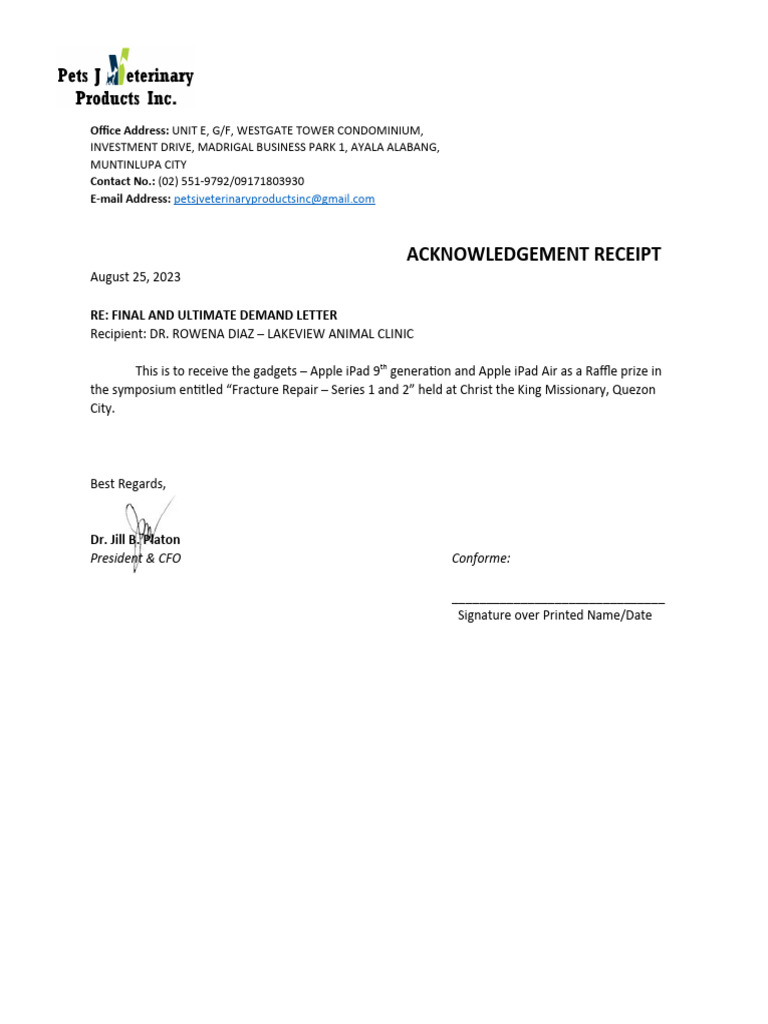 Cash Acknowledgement Receipt | PDF