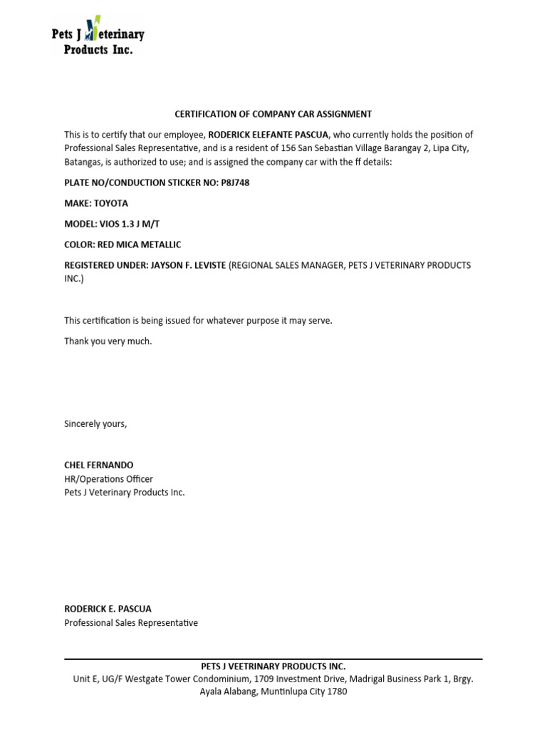Certification of Company Car Assignment | PDF