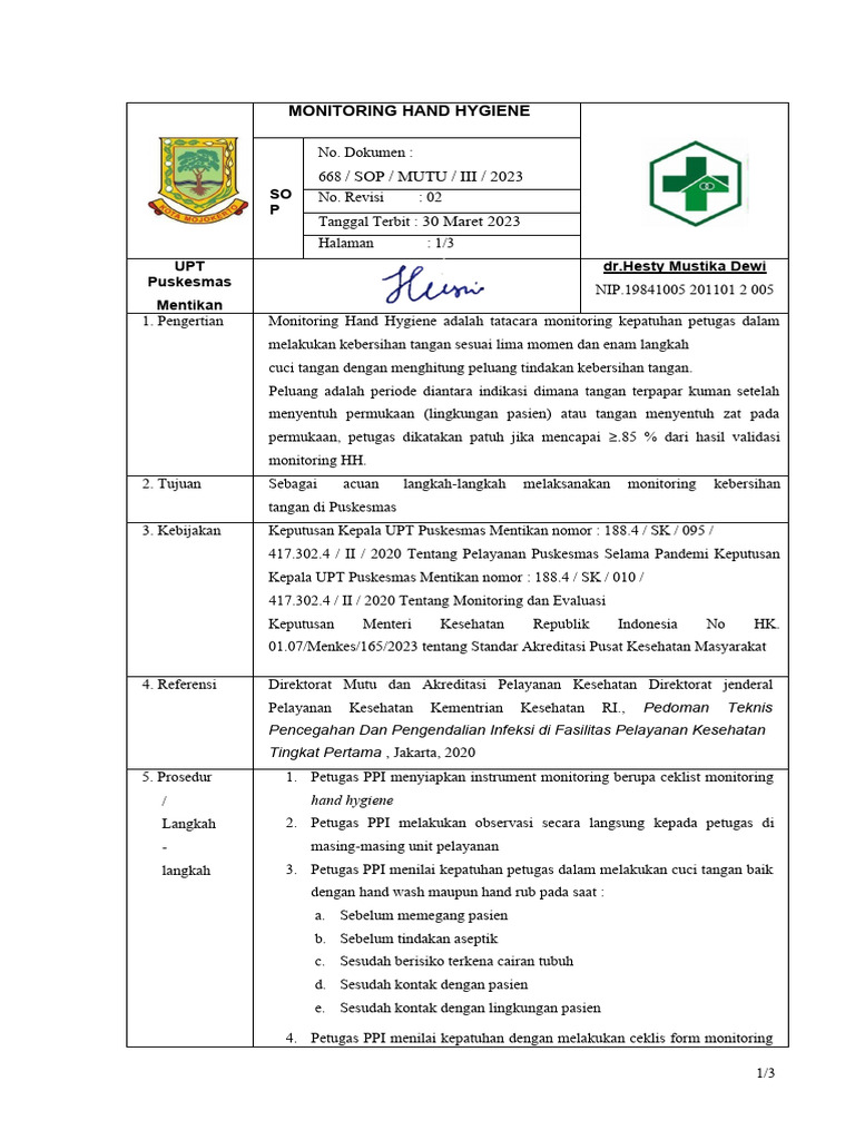 668 Mutu. Sop Monitoring Hand Hygiene | PDF