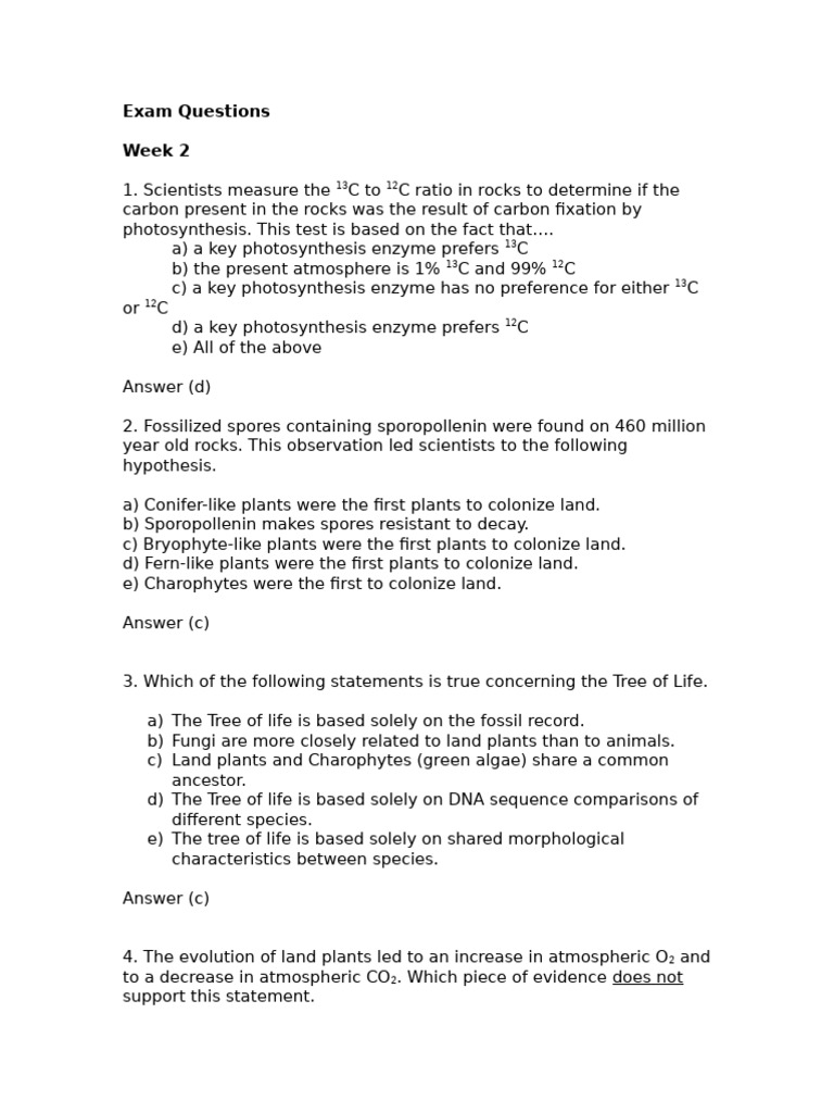 Plant Biology 2D03 2009 Exam Answers | PDF
