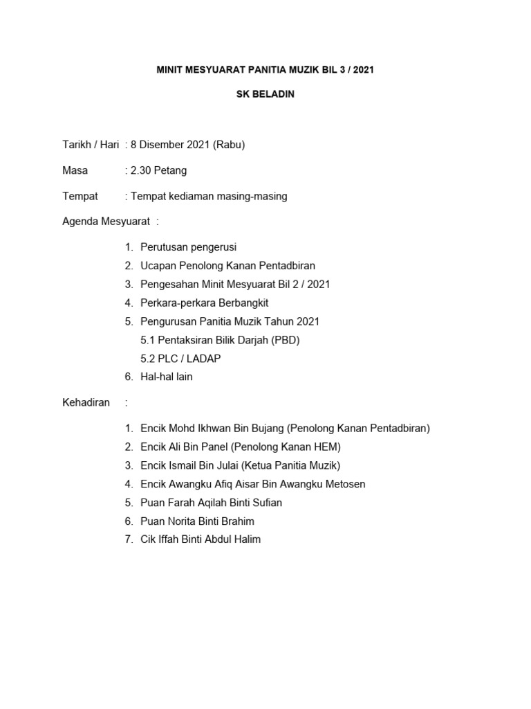 Minit Mesyuarat Muzik Bil 3 2021 | PDF