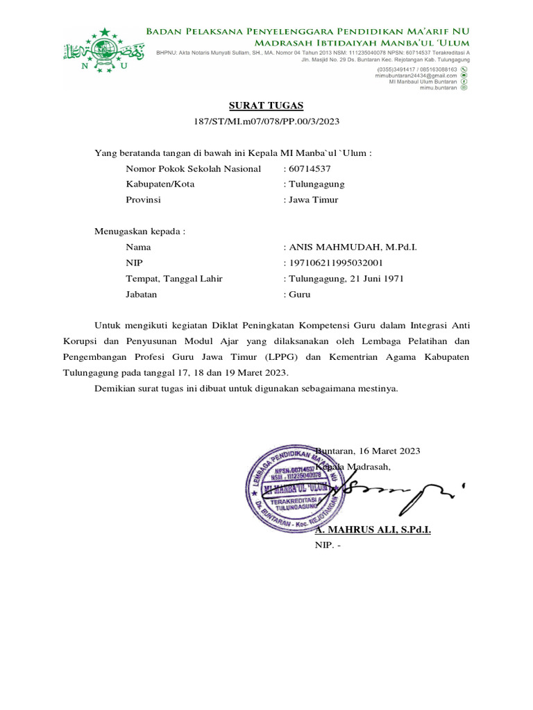 Surat Tugas ANIS MAHMUDAH, M.Pd.I. | PDF