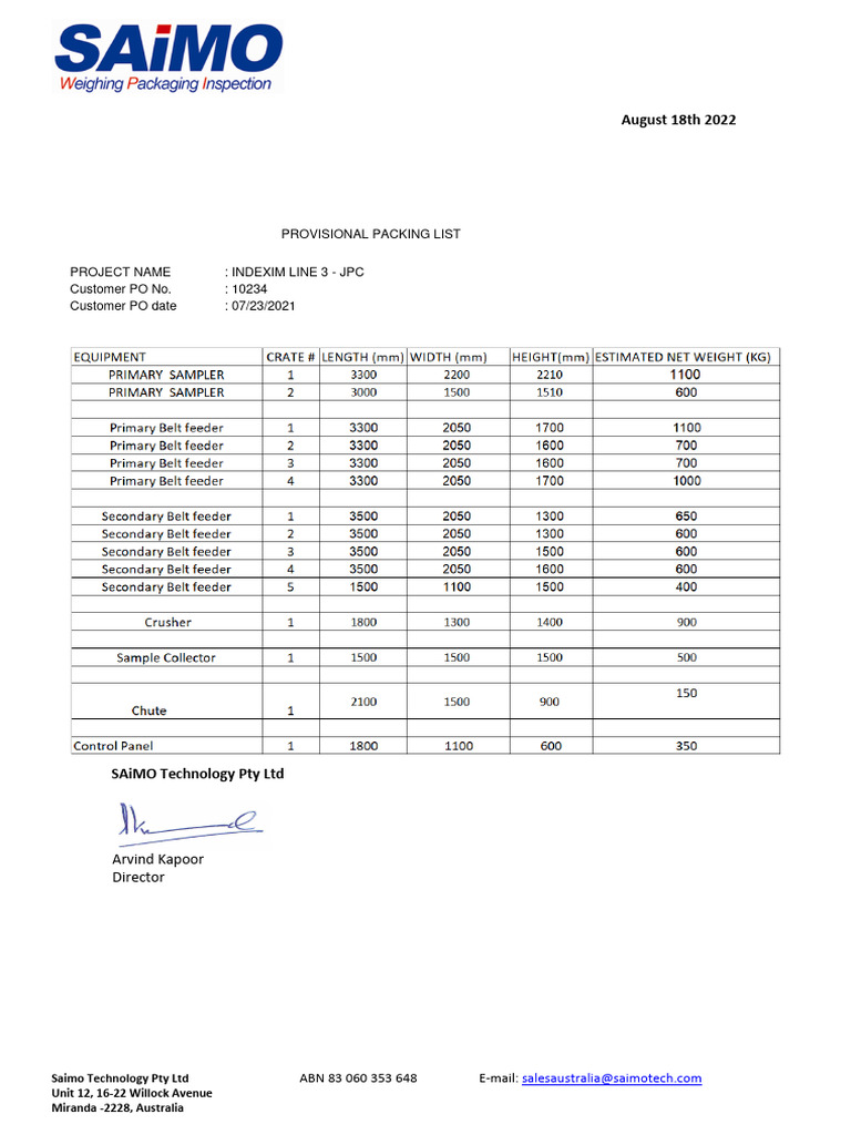 Provisional Packing List for Indexim Line 3 | PDF