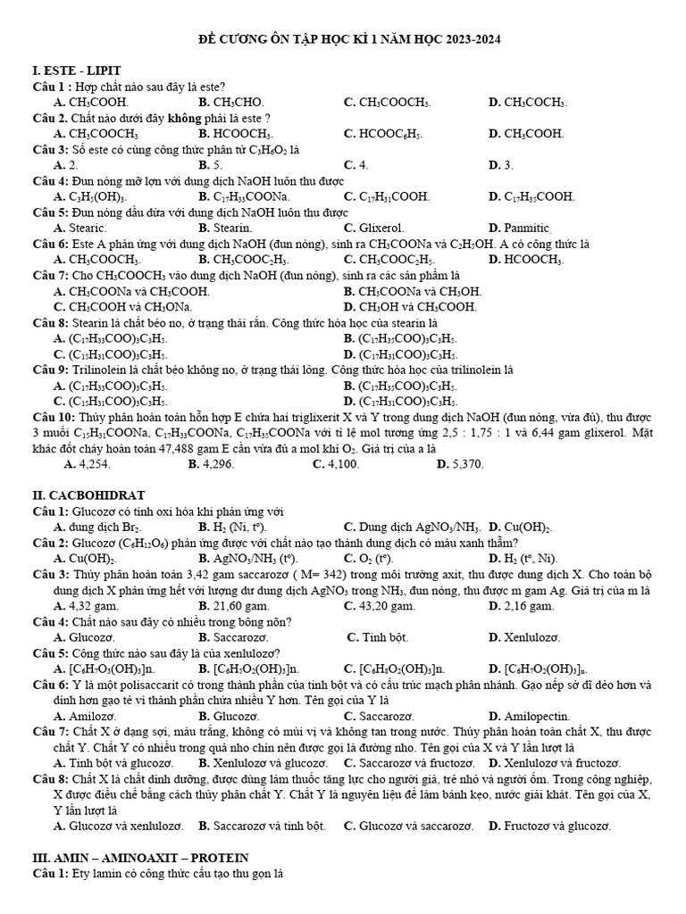 ĐỀ CƯƠNG HÓA12 HK1 | PDF