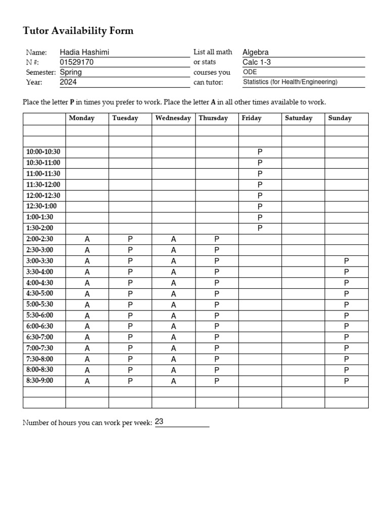 Tutor Availability Form - HadiaH | PDF