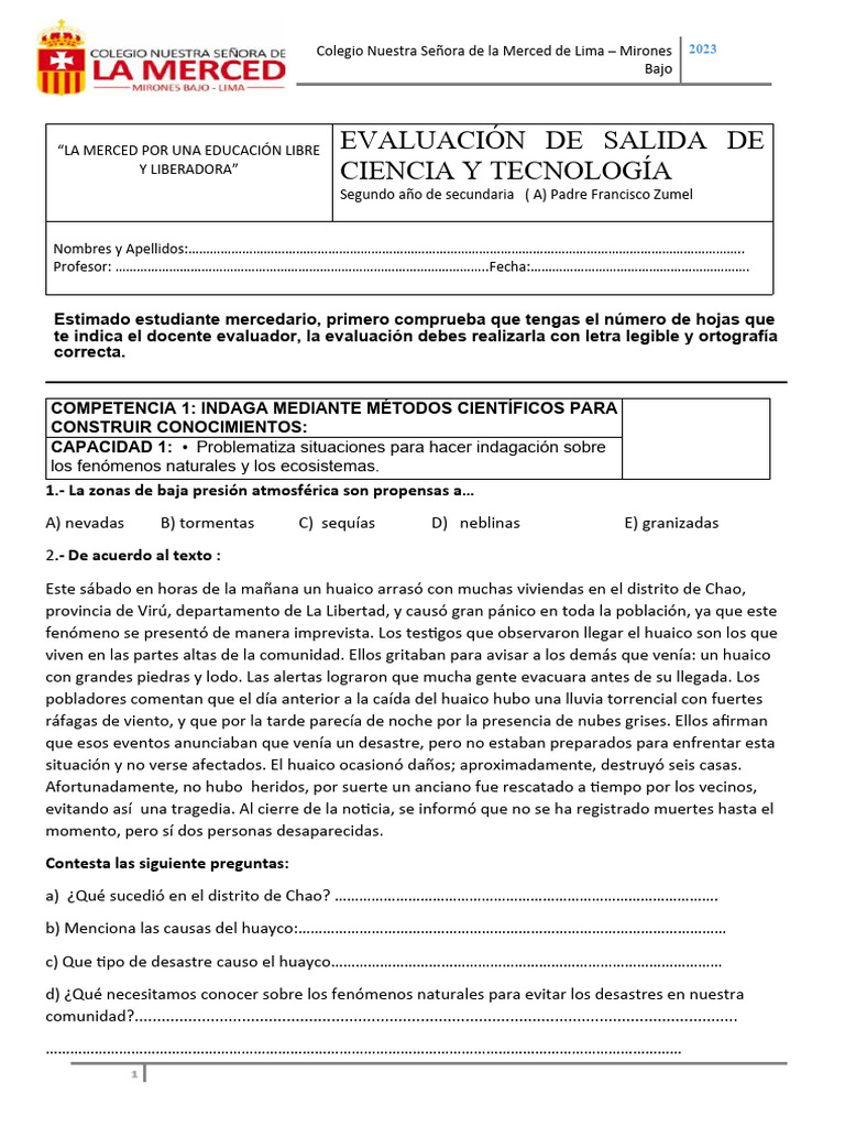Examen Salida Segundo Sec | PDF