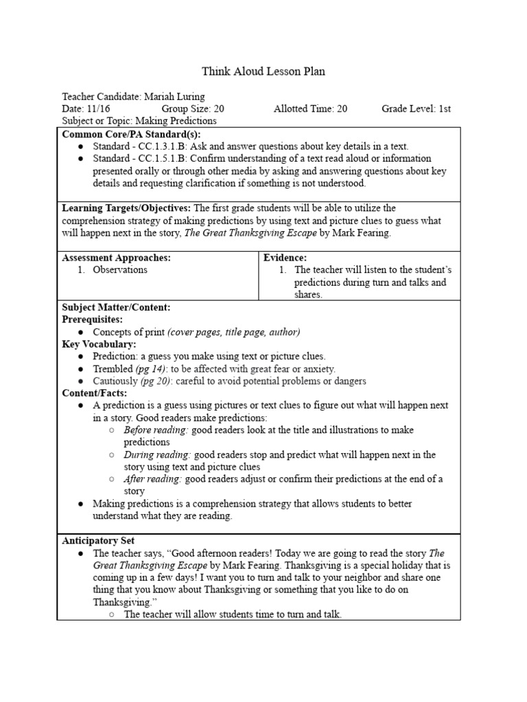 Core Think Aloud Lesson Plan-3 | PDF | Language Arts & Discipline
