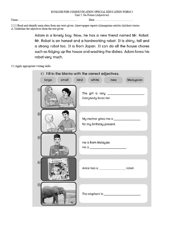ENGLISH FOR COMMUNICATION SPECIAL EDUCATION FORM 3 Adjectives | PDF | Art