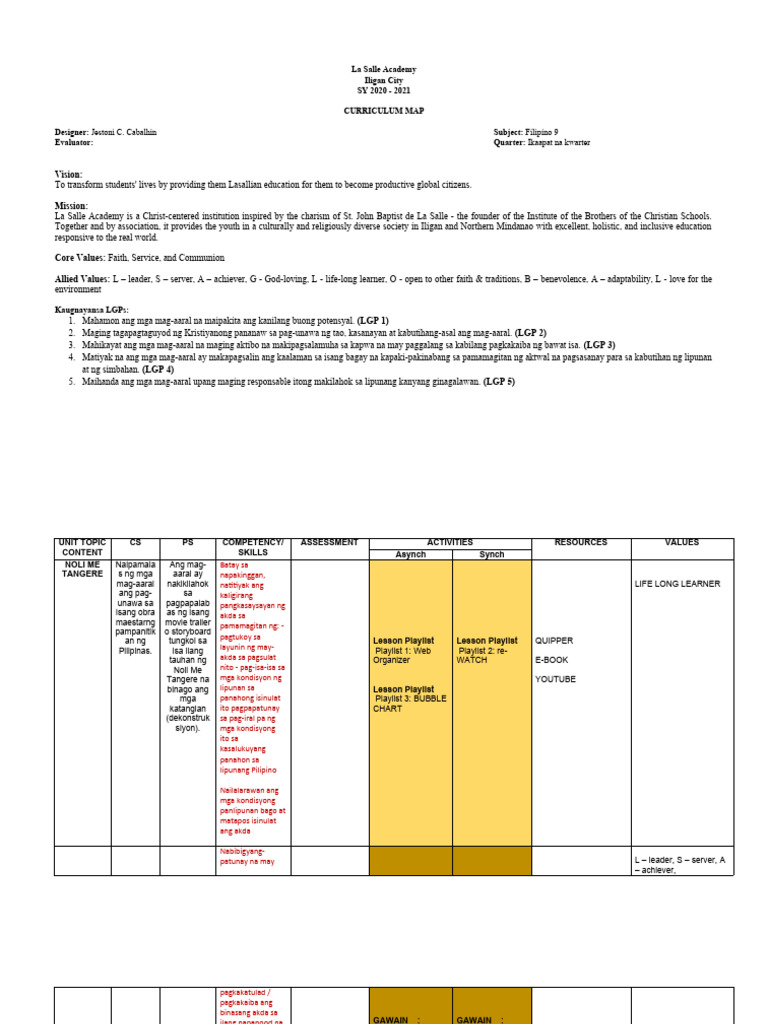 Curriculum Map Grade 9 Filipino | PDF