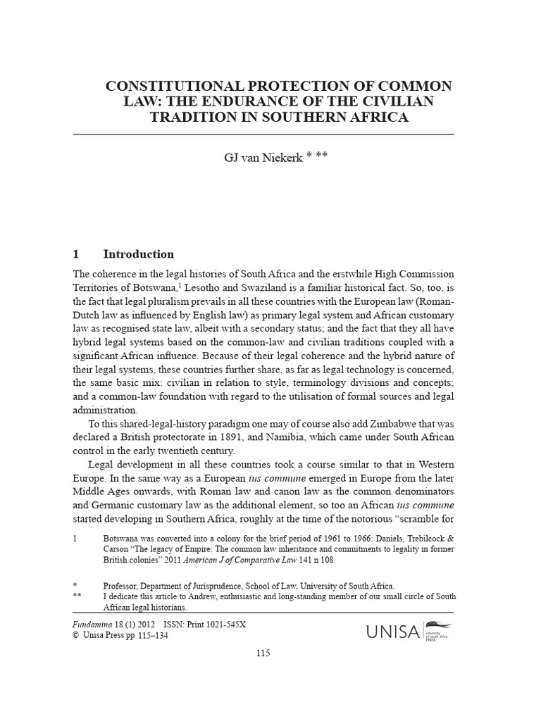 Van Niekerk 2012 Constitutional Protection of Common Law The Endurance of The Civilian Tradition ...