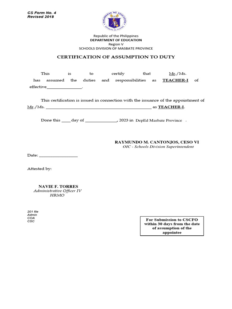 Teacher-I Assumption Certification | PDF