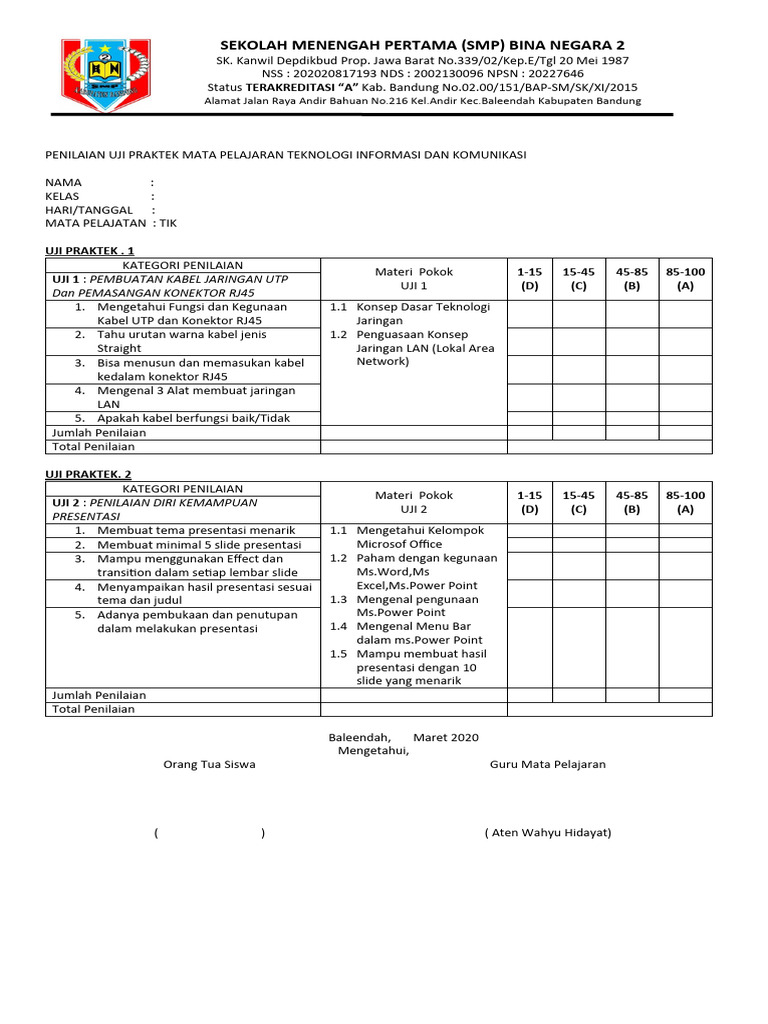 Format Penilaian Uji Praktek | PDF