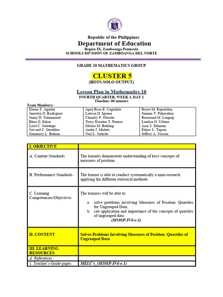 SOLO MATH LESSON PLAN - G10 - Ccluster 5 | PDF | Learning | Rubric (Academic)