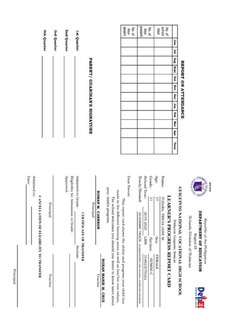 SHS REPORT CARD GRADE11 Xls - 230808 - 101410 | PDF