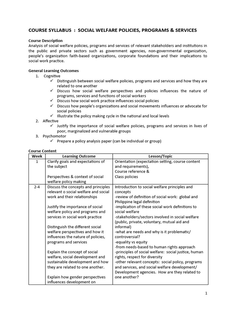 Social Welfare Policies and Services Syllabus | PDF | Policy | Policy ...