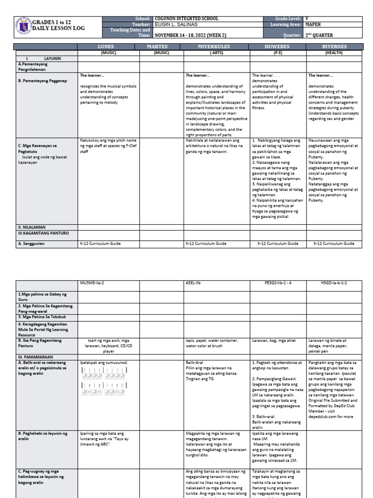DLL - Mapeh 5 - Q2 - W2 | PDF