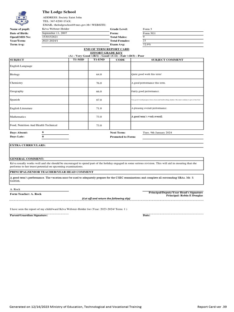 Student Report Card Summary | PDF