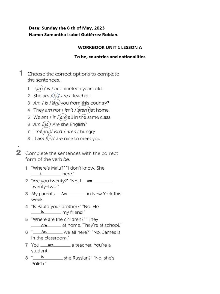 Workbook Unit 1 Lesson A | PDF